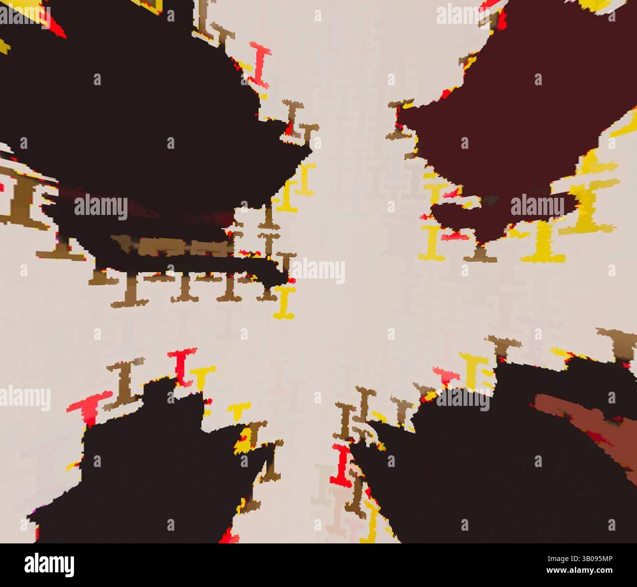 An abstract composition featuring fragmented shapes and vibrant hues ...