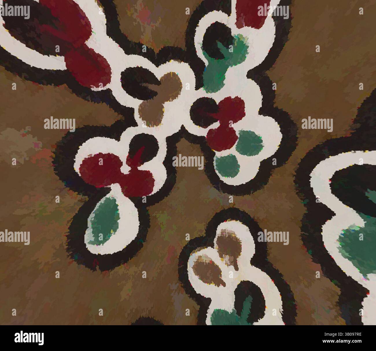 An abstract composition features bold shapes intertwined with vibrant ...