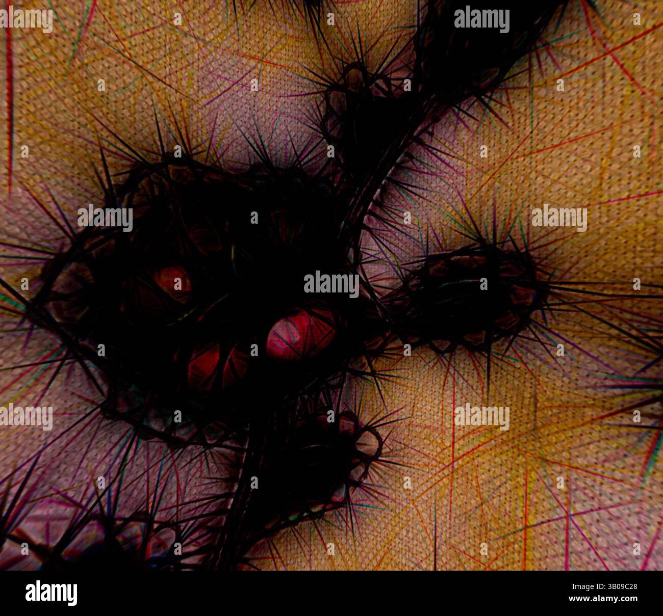 A swirling pattern with sharp, spiky textures and hints of vibrant ...