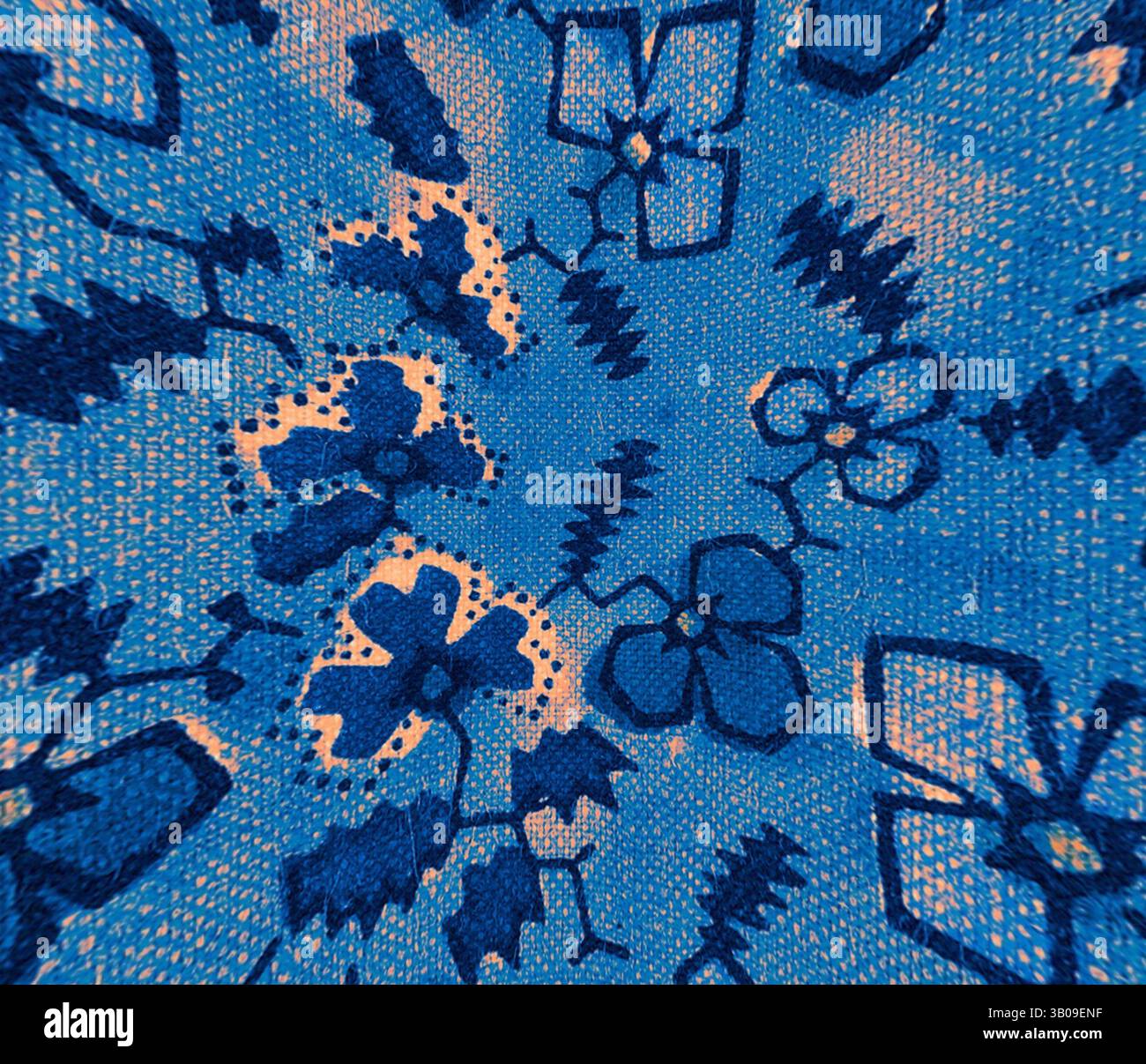 A vibrant fabric featuring an intricate pattern of stylized flowers and ...