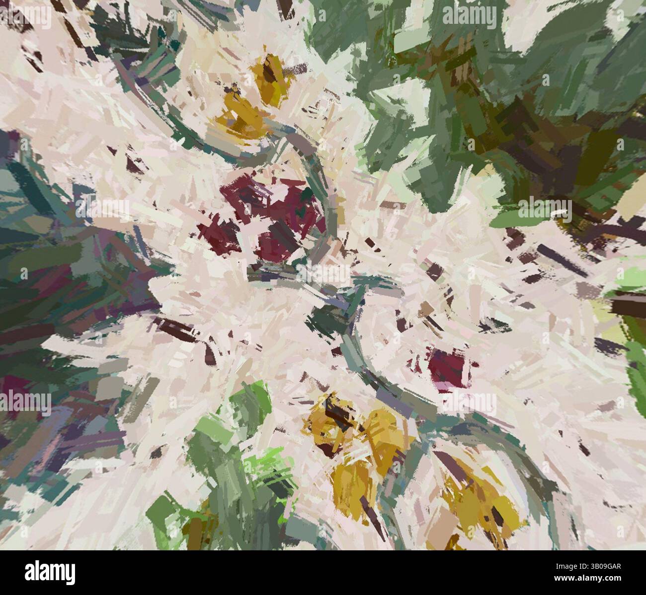 An abstract representation of flowers, characterized by vibrant petals ...