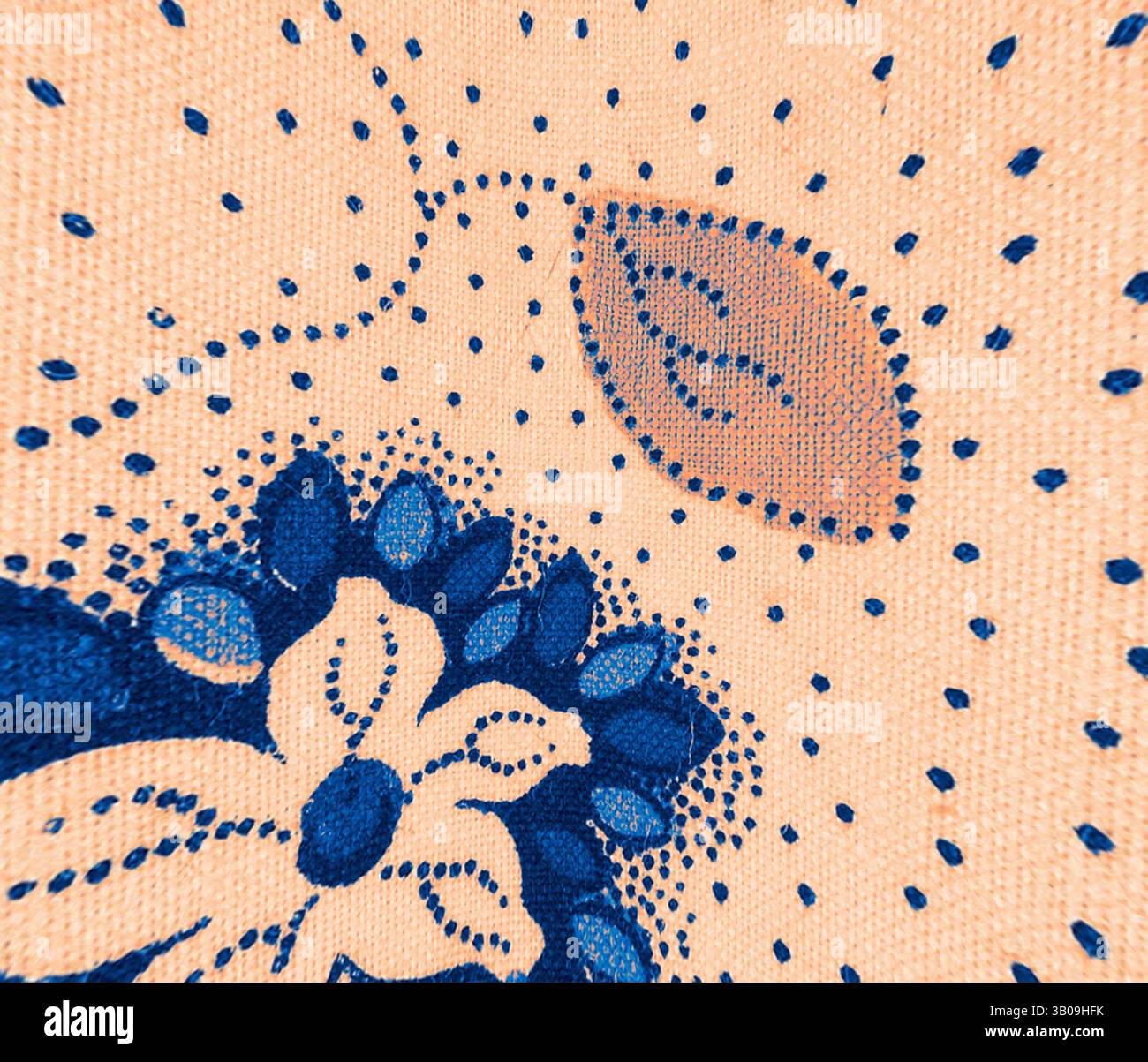 A close-up view of intricate fabric detailing featuring blue floral ...