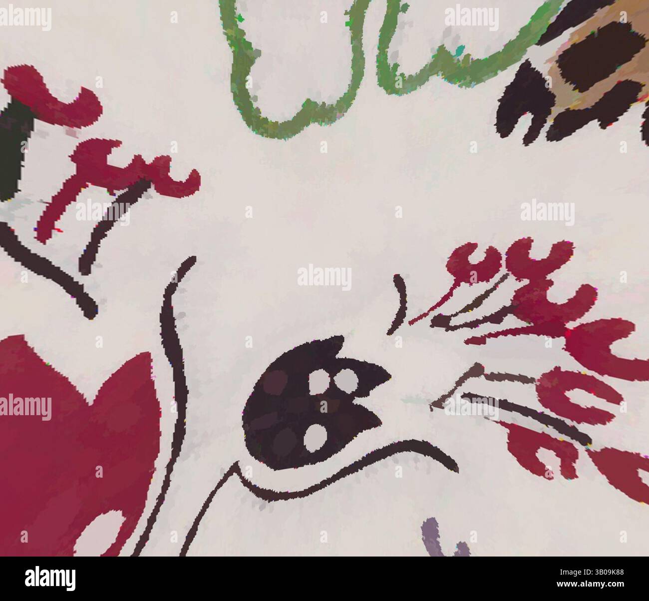 An abstract composition featuring vibrant red, green, and black shapes ...