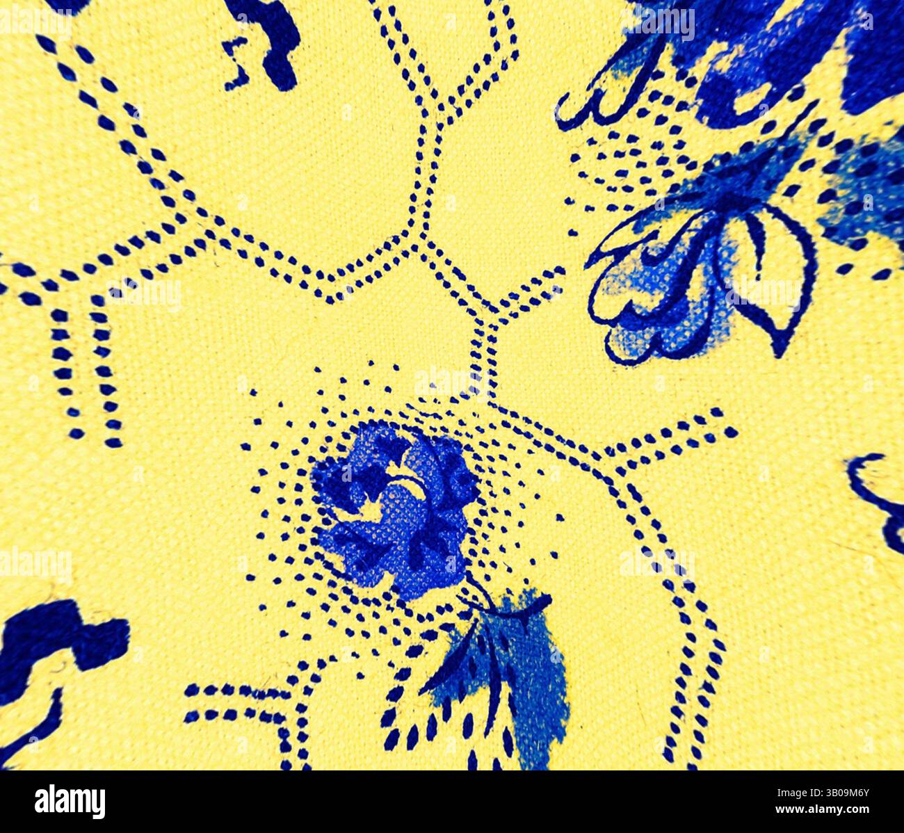 A vibrant pattern featuring intricate floral designs in deep blue hues against a cheerful yellow ...