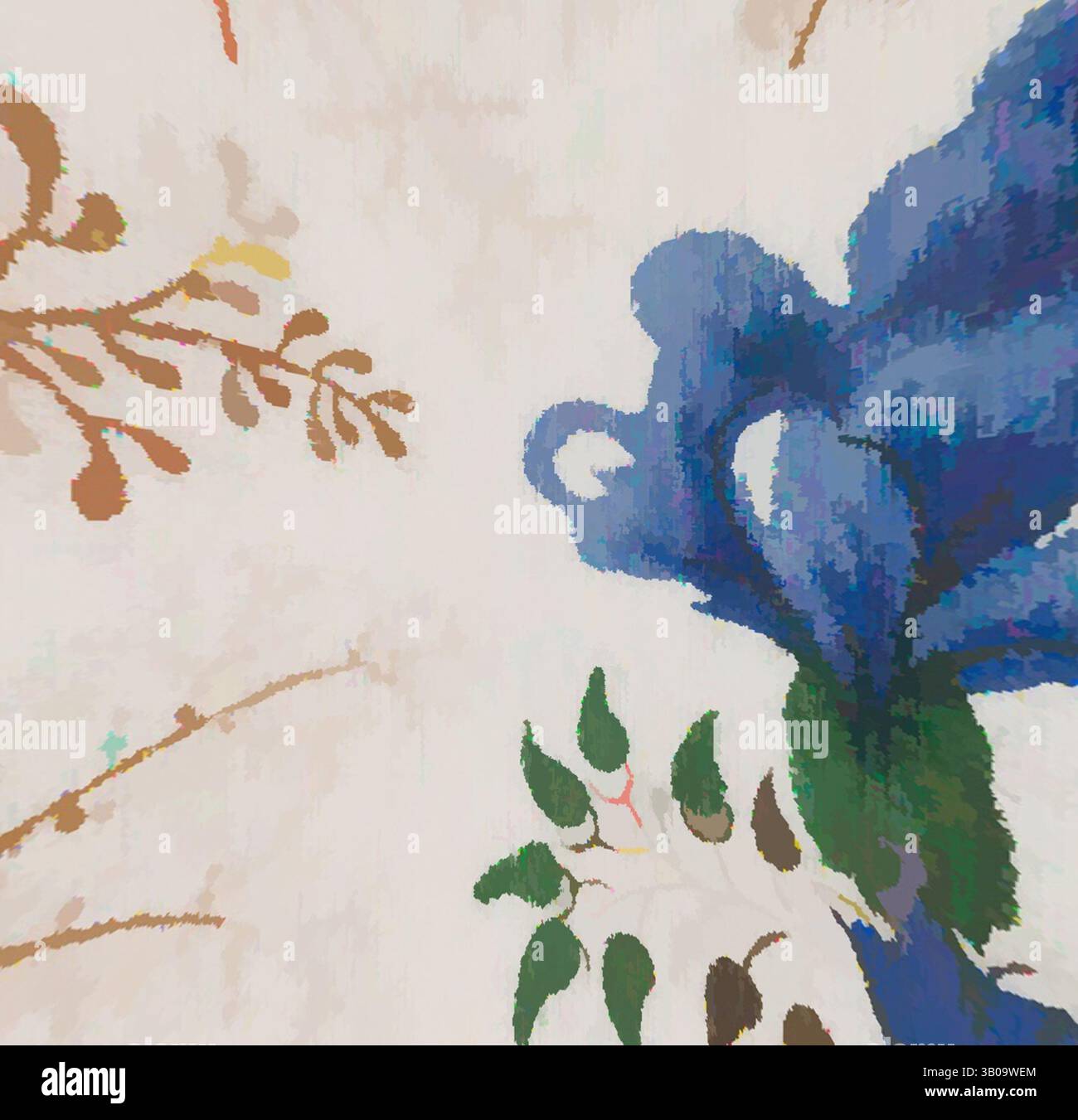 Abstract swirls of blue and earthy tones intertwine with delicate ...