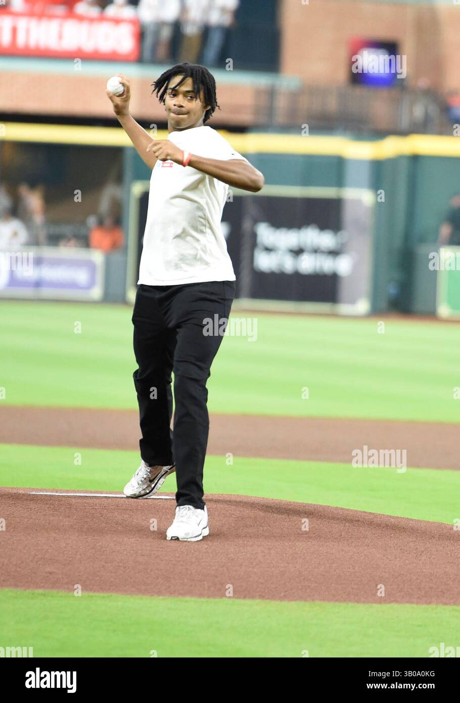 Caleb Kimble (AYA - JRD) throws out a ceremonial first pitch during the ...