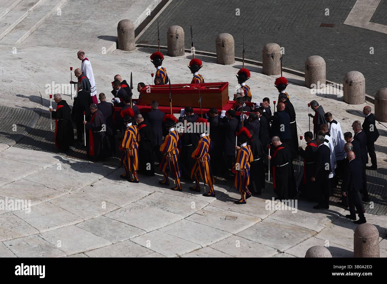 Vatican. April 23, 2025. Coffin with the body of Pope Francis is seen ...