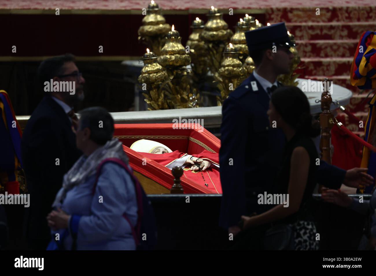 Vatican. April 23, 2025. Coffin with the body of Pope Francis is seen ...