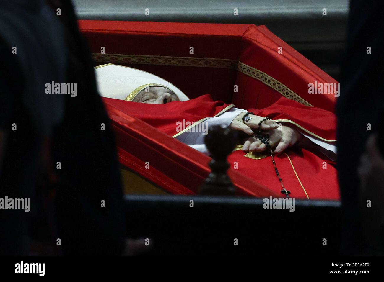 Vatican. April 23, 2025. Coffin with the body of Pope Francis is seen ...