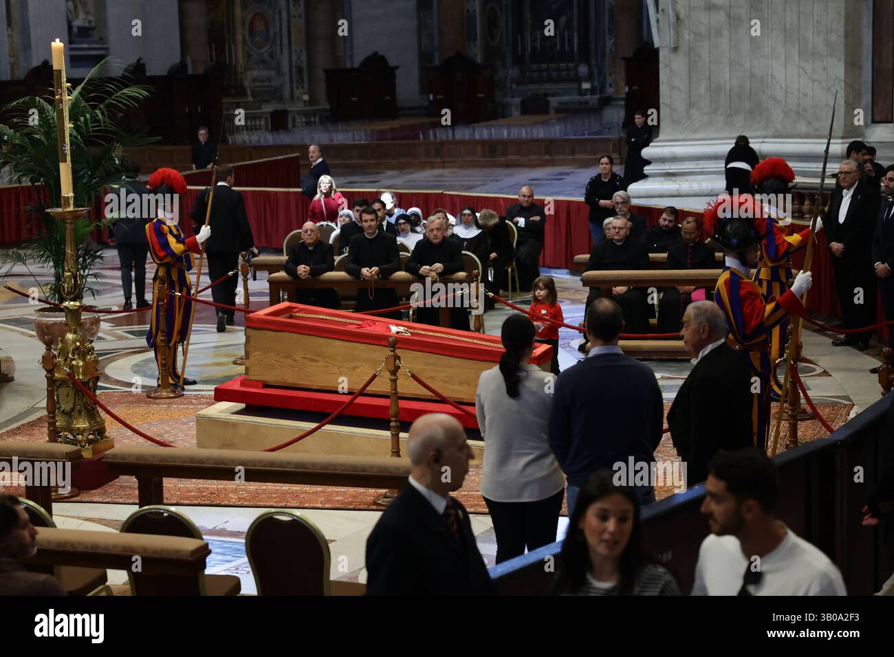 Vatican. April 23, 2025. Coffin with the body of Pope Francis is seen ...