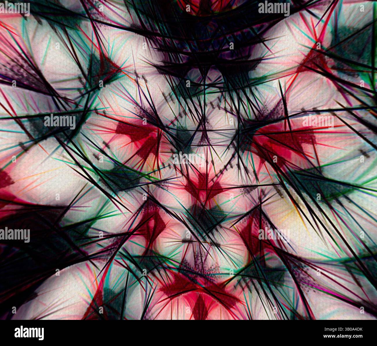 An intricate pattern of sharp, spiky forms in vibrant red and green ...
