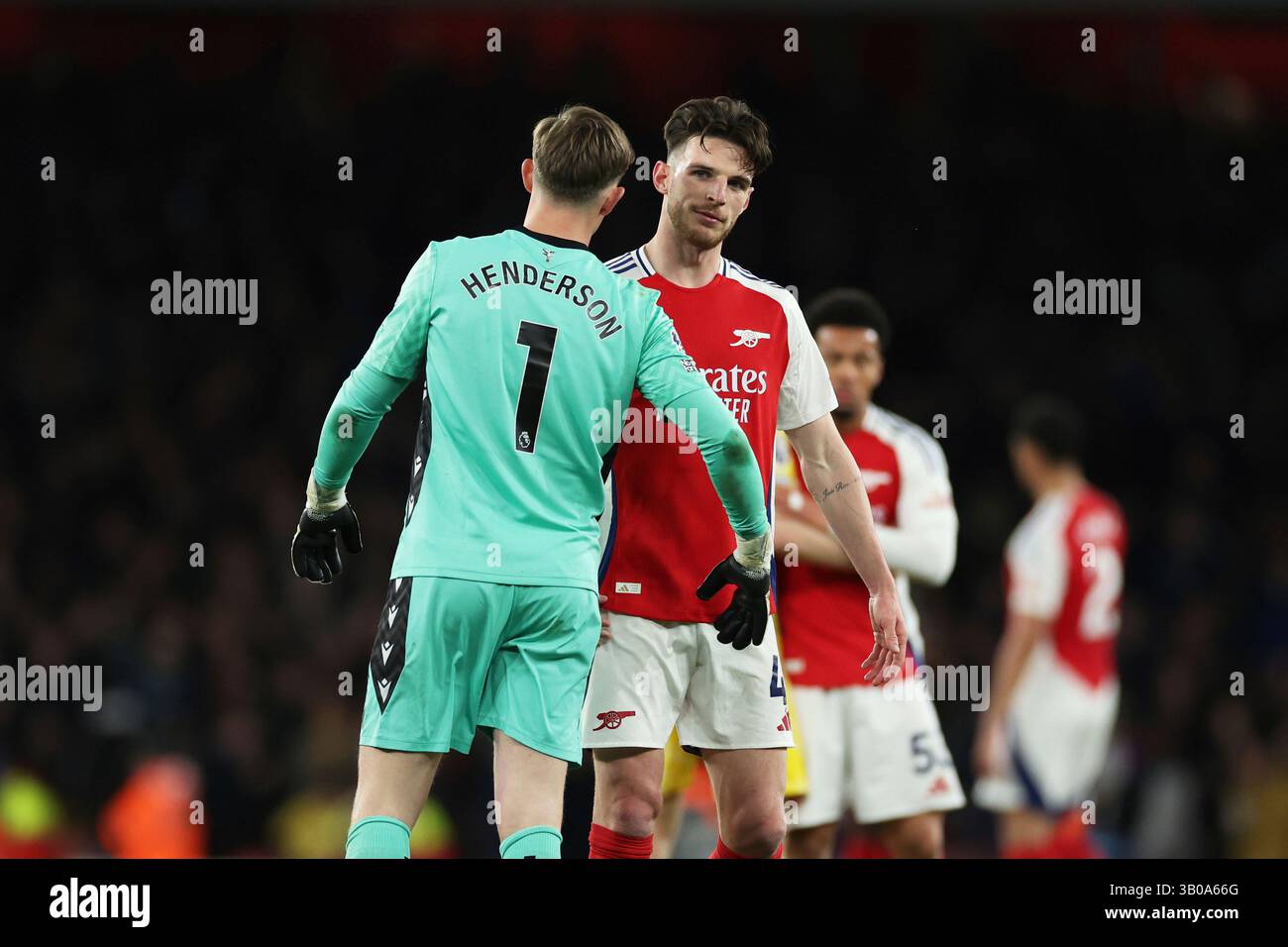 Arsenal's Declan Rice, right, greets with Crystal Palace's goalkeeper ...