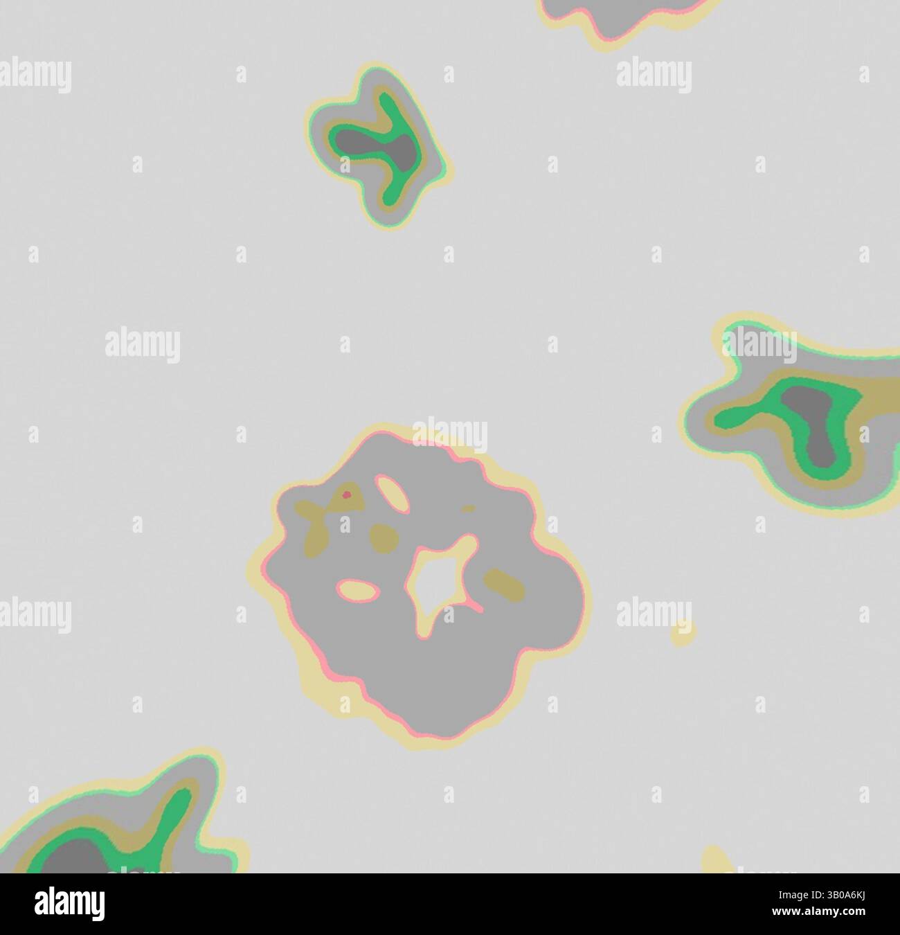 An abstract composition featuring organic shapes in various hues ...