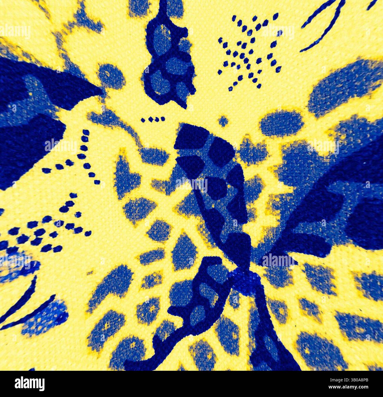 A vibrant pattern featuring bold blue shapes intertwined with dynamic ...