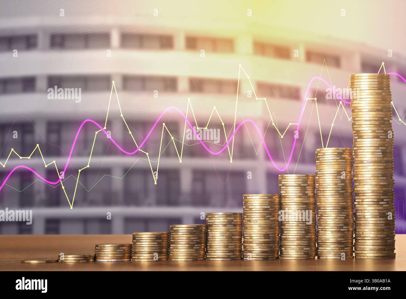 Rising real estate prices. Building, coins and graphs, multiple ...
