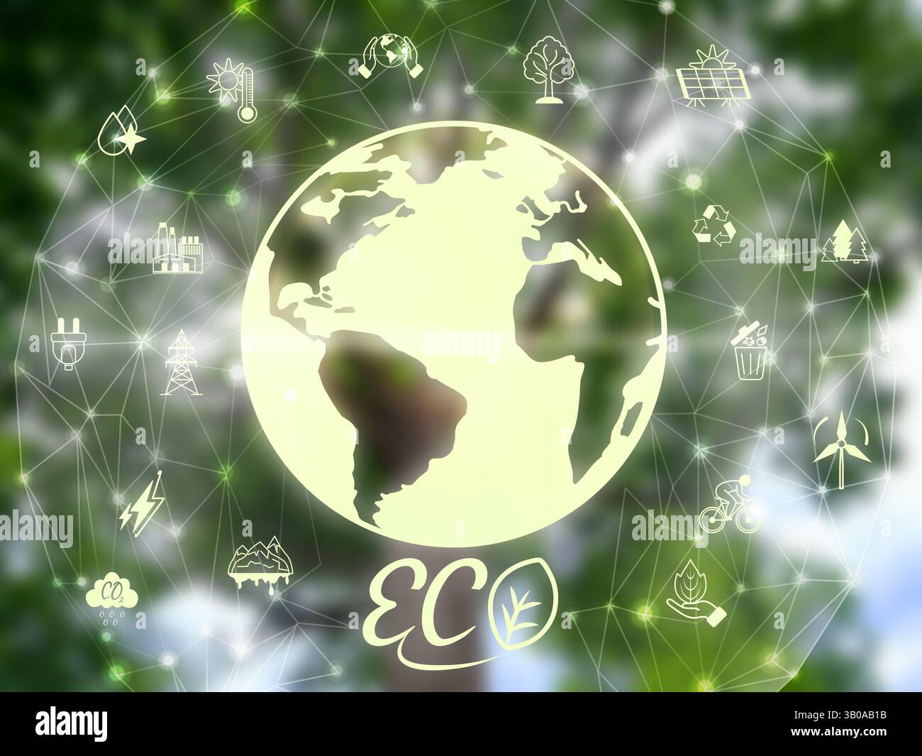 Environment concept. Scheme with different eco themed icons, globe ...