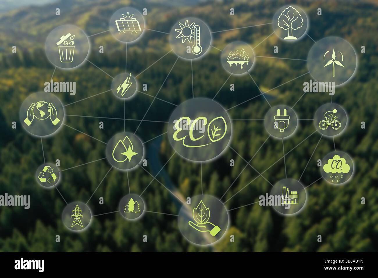 Environment concept. Scheme with different eco themed icons against ...