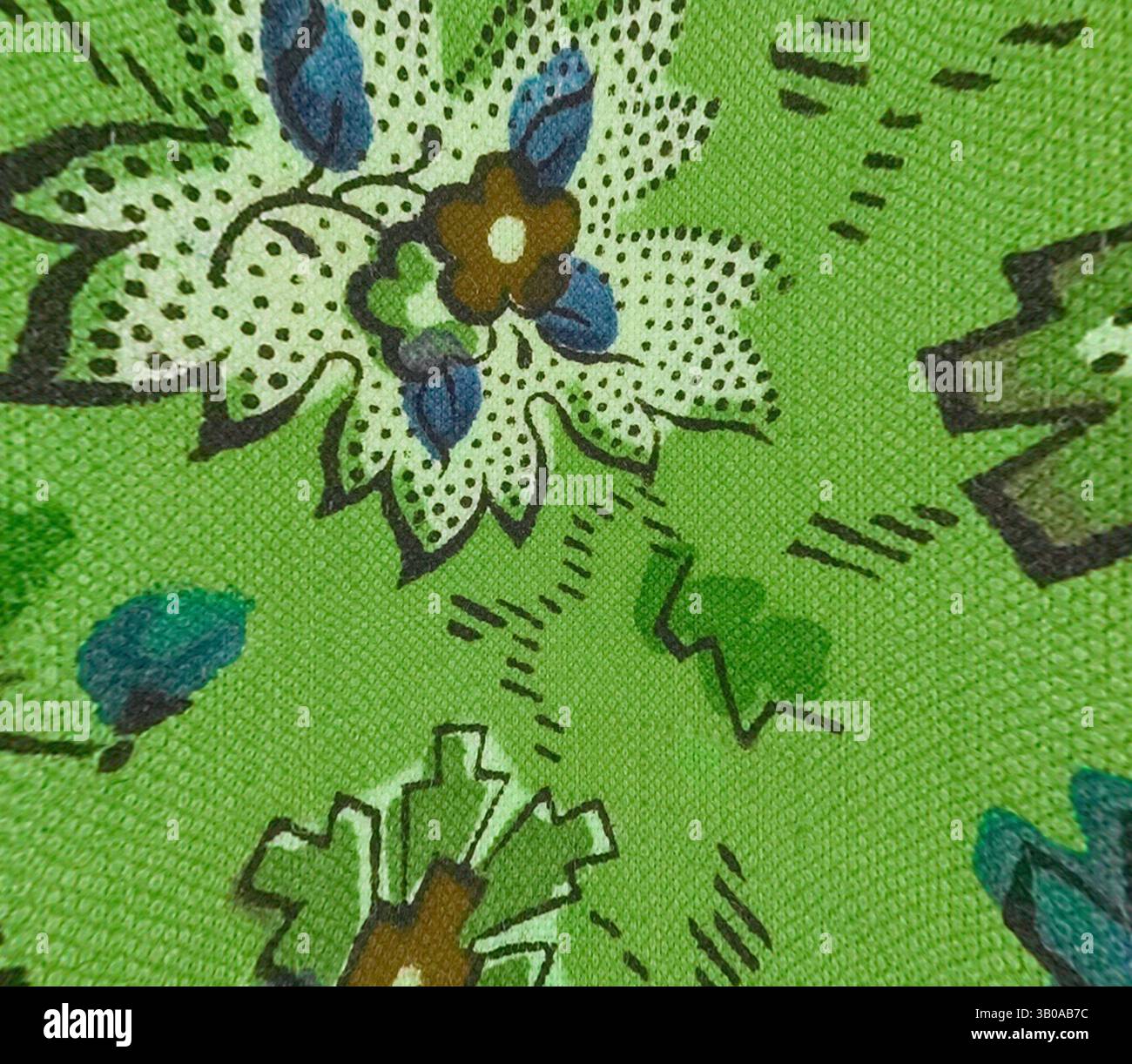 A vibrant green textile featuring an intricate floral pattern with blue ...