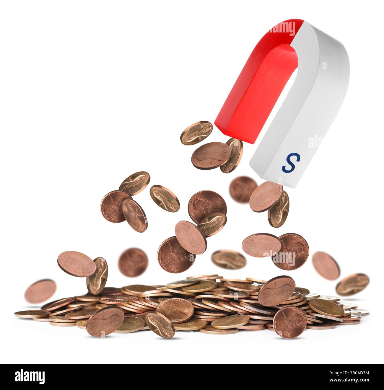 Horseshoe magnet attracting coins on white background Stock Photo - Alamy