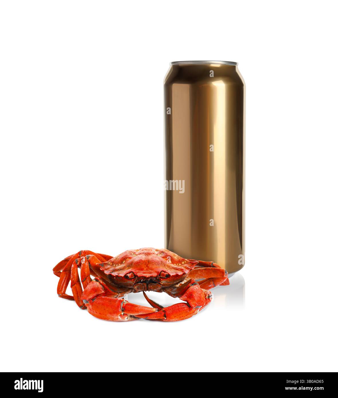 Fresh beer in tin can and cooked crab on white background Stock Photo ...