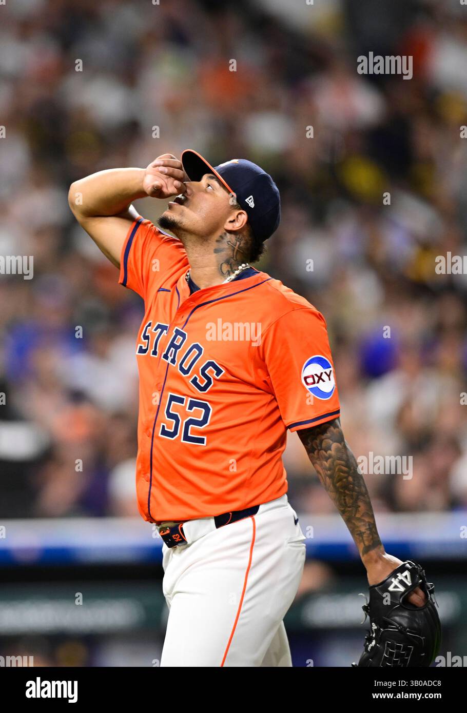 Houston Astros starting pitcher Bryan Abreu (52) gives thanks in the in ...