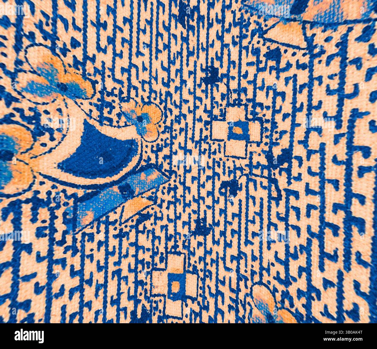 An intricate textile design featuring bold blue patterns and playful ...