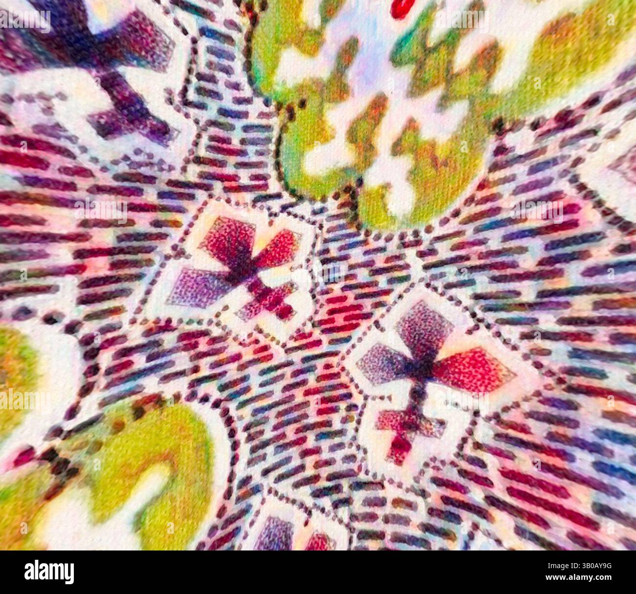 A vibrant abstract composition featuring a dynamic pattern of floral ...