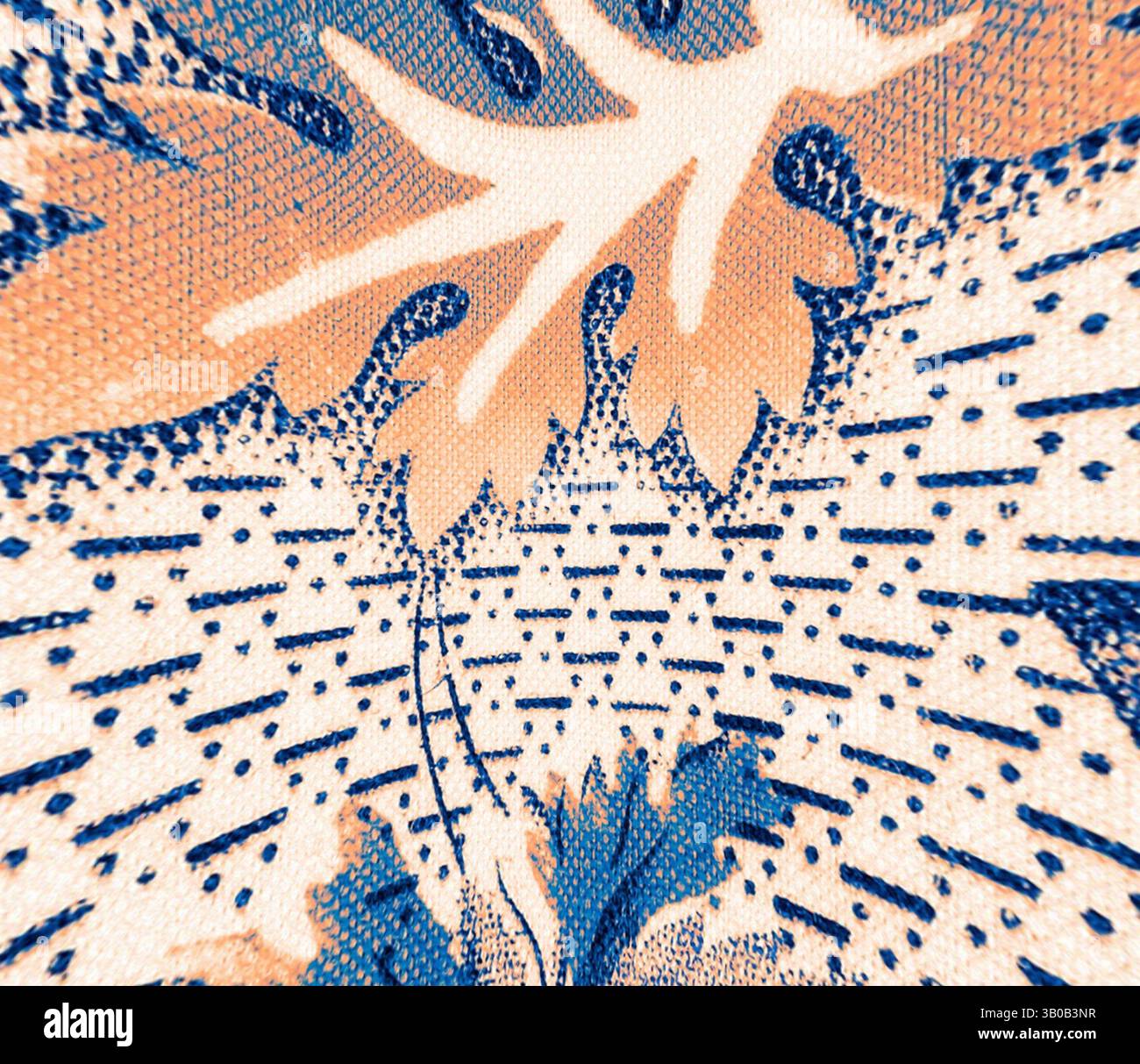 A vibrant textile design featuring intricate patterns of leaves and ...