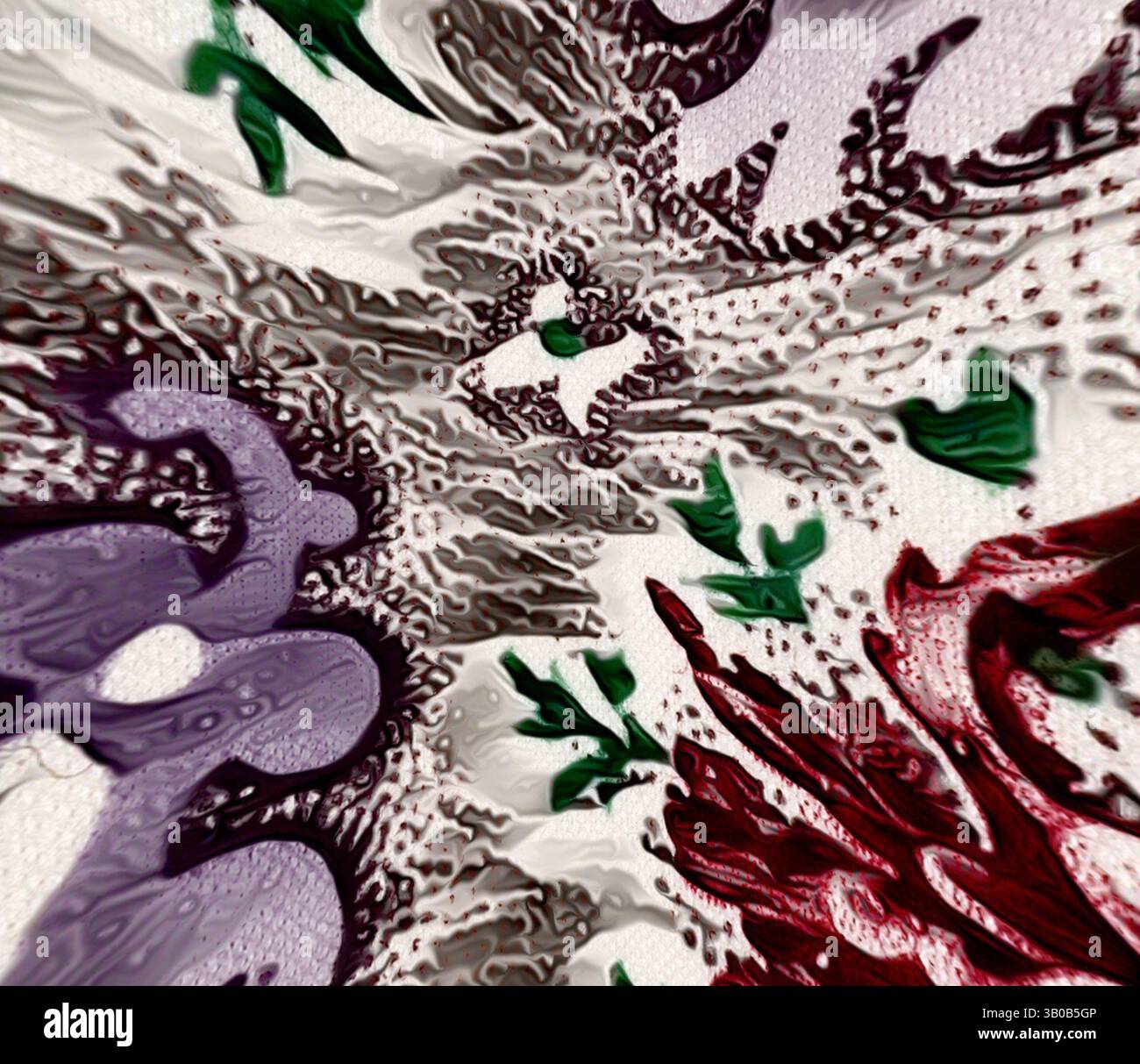An abstract display of intertwining floral patterns and bold colors ...