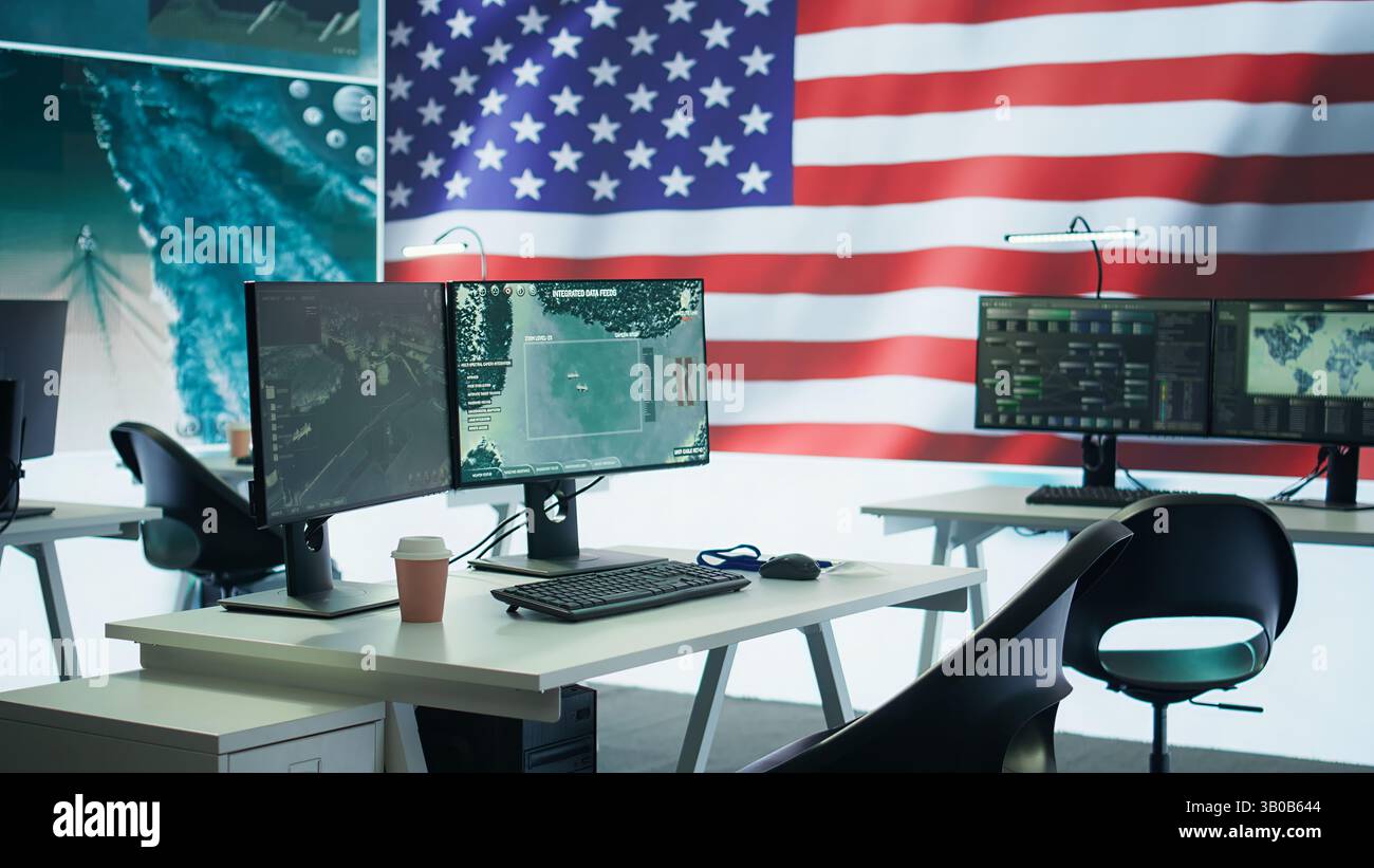 Empty operations center with an American flag working on national safety, armed forces ...