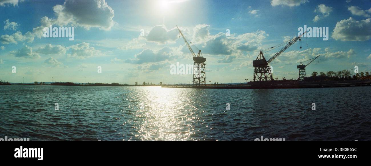 Panoramic dockyard at the riverfront, East River, Red Hook, Brooklyn ...