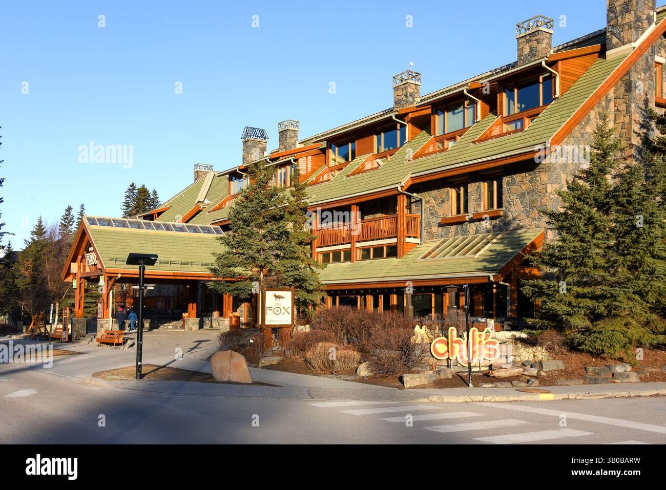 Banff, Canada - April 5, 2025: The Fox Hotel and Suites with a Chili’s ...