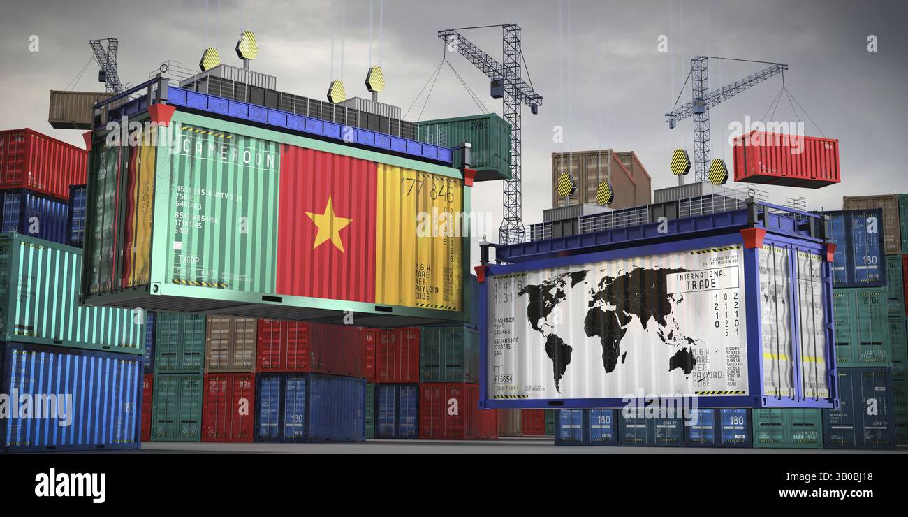 Flags of Cameroon and world map on cargo containers - international ...