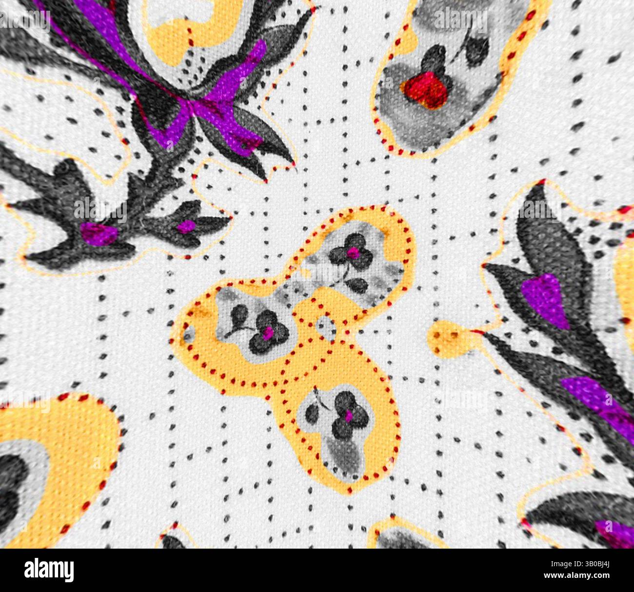 A vibrant textile design featuring intricate floral patterns in shades ...