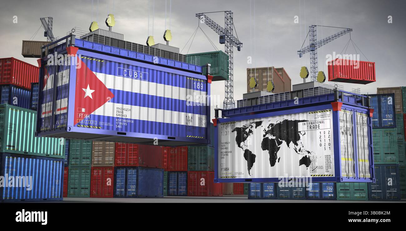 Flags of Cuba and world map on cargo containers - international trade concept - 3D illustration ...