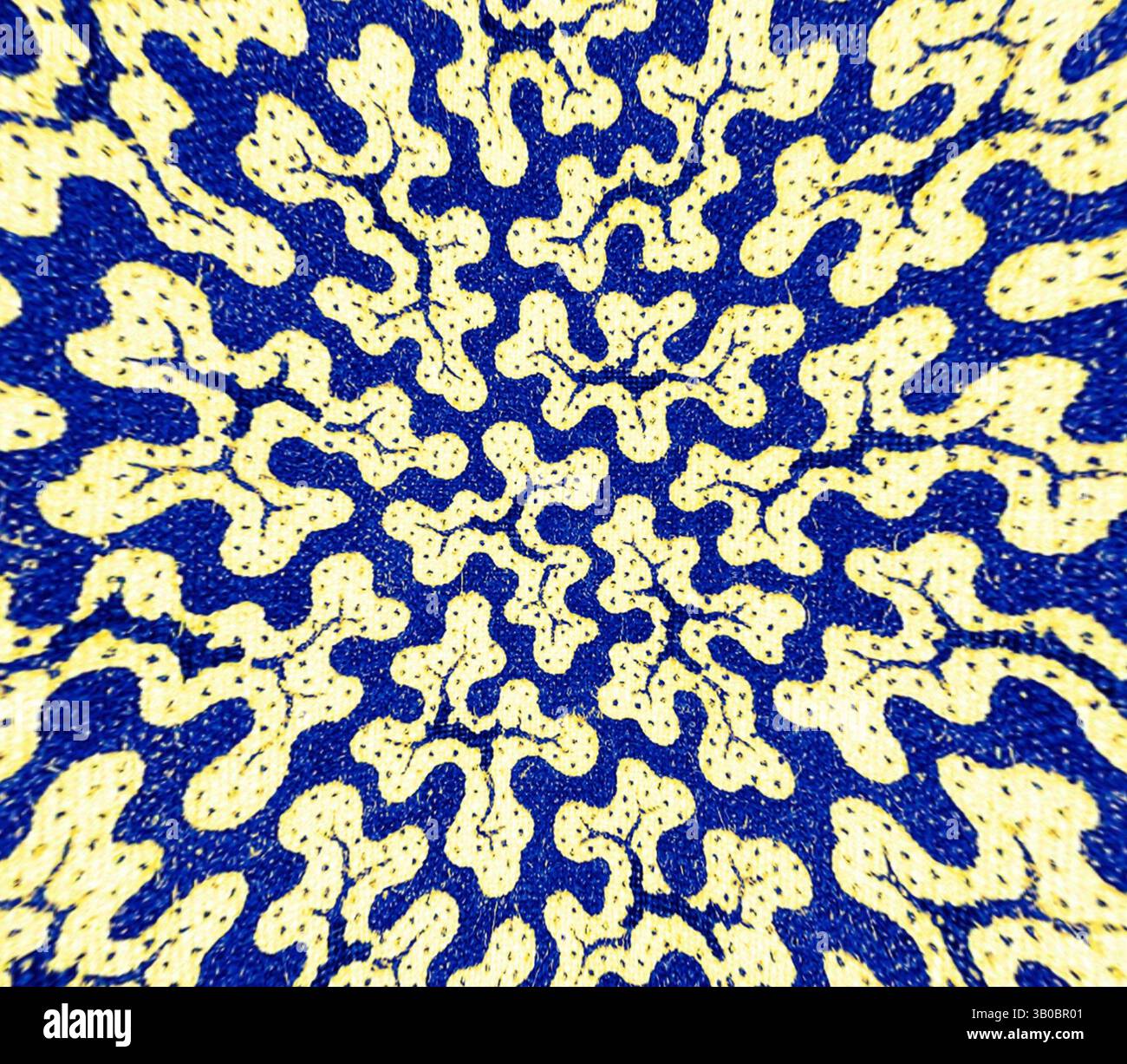 A vibrant, swirling pattern featuring intertwining shapes in bold blue ...