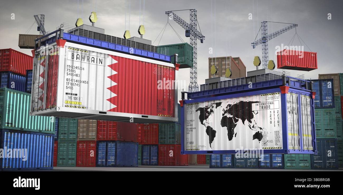 Flags of Bahrain and world map on cargo containers - international ...