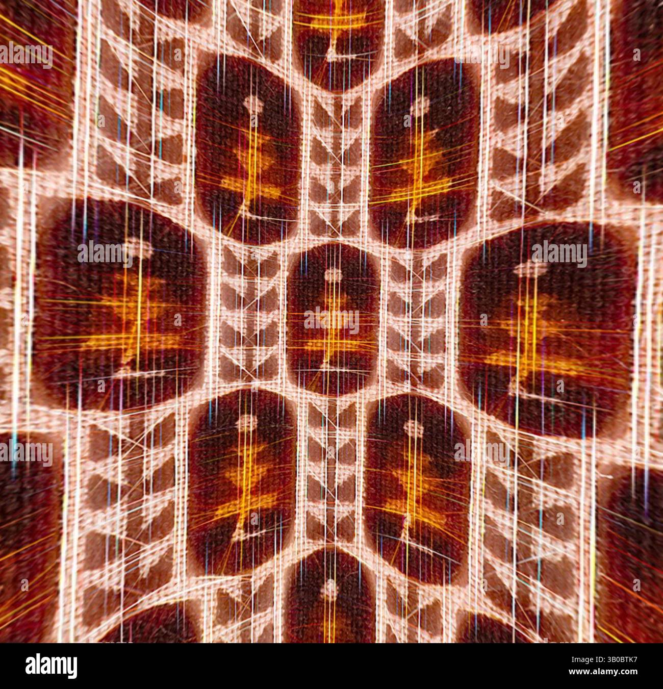 A vibrant textile pattern featuring intricate designs of leaves and ...