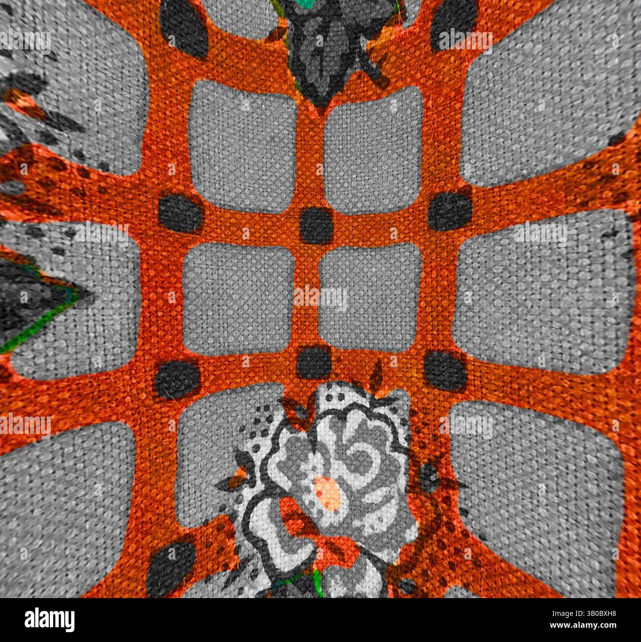A textured surface features bold orange grid lines framing intricate ...