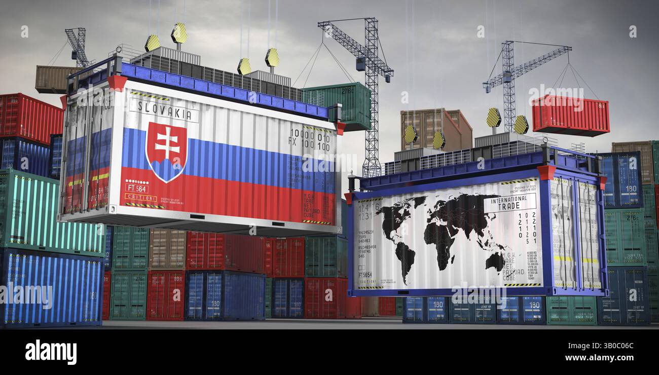 Flags of Slovakia and world map on cargo containers - international ...