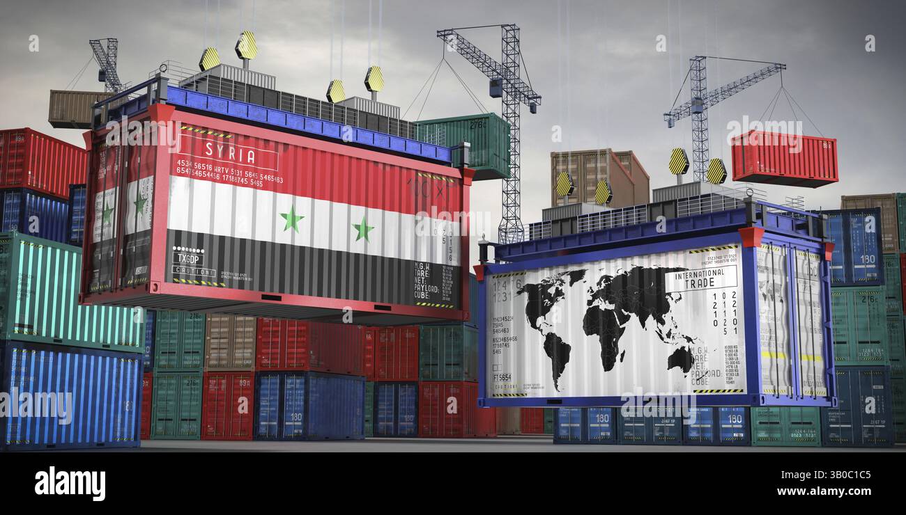 Flags of Syria and world map on cargo containers - international trade ...