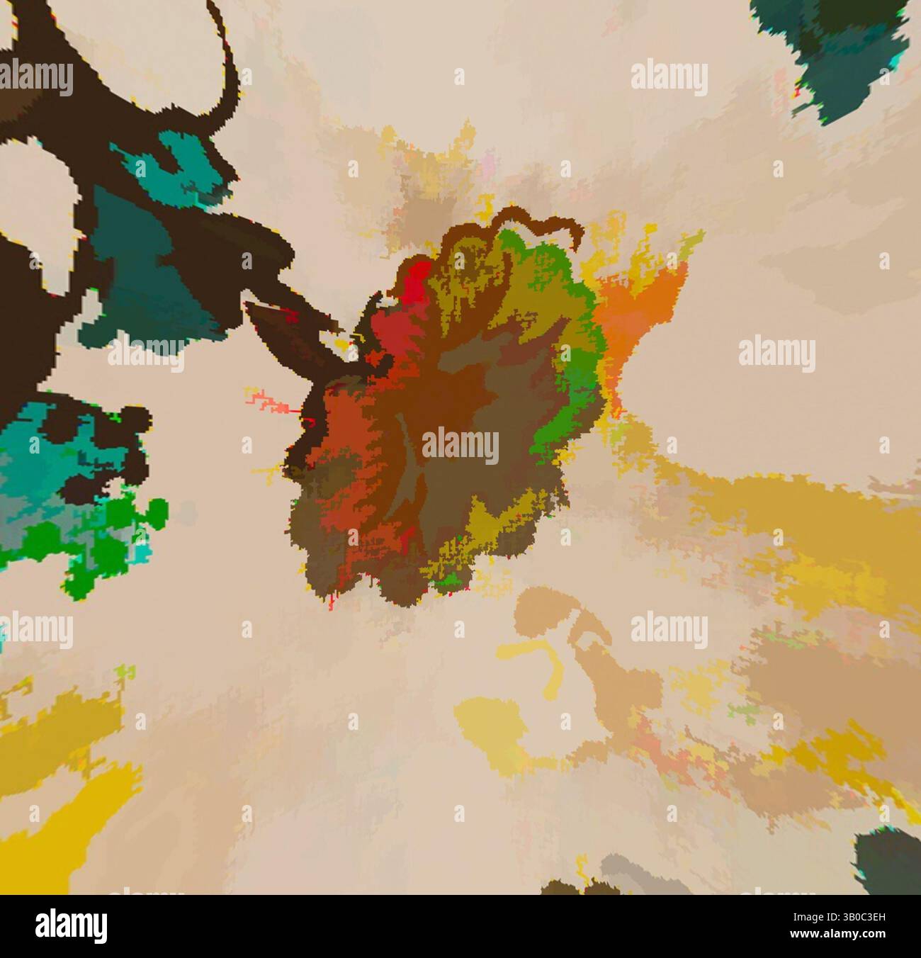 A burst of vibrant colors radiates outward, creating an abstract floral ...