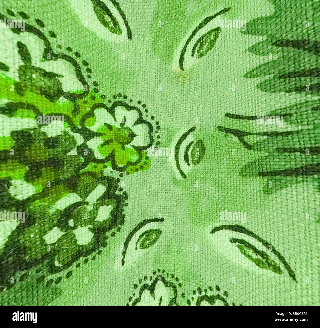 A vibrant green textile featuring intricate floral patterns and ...