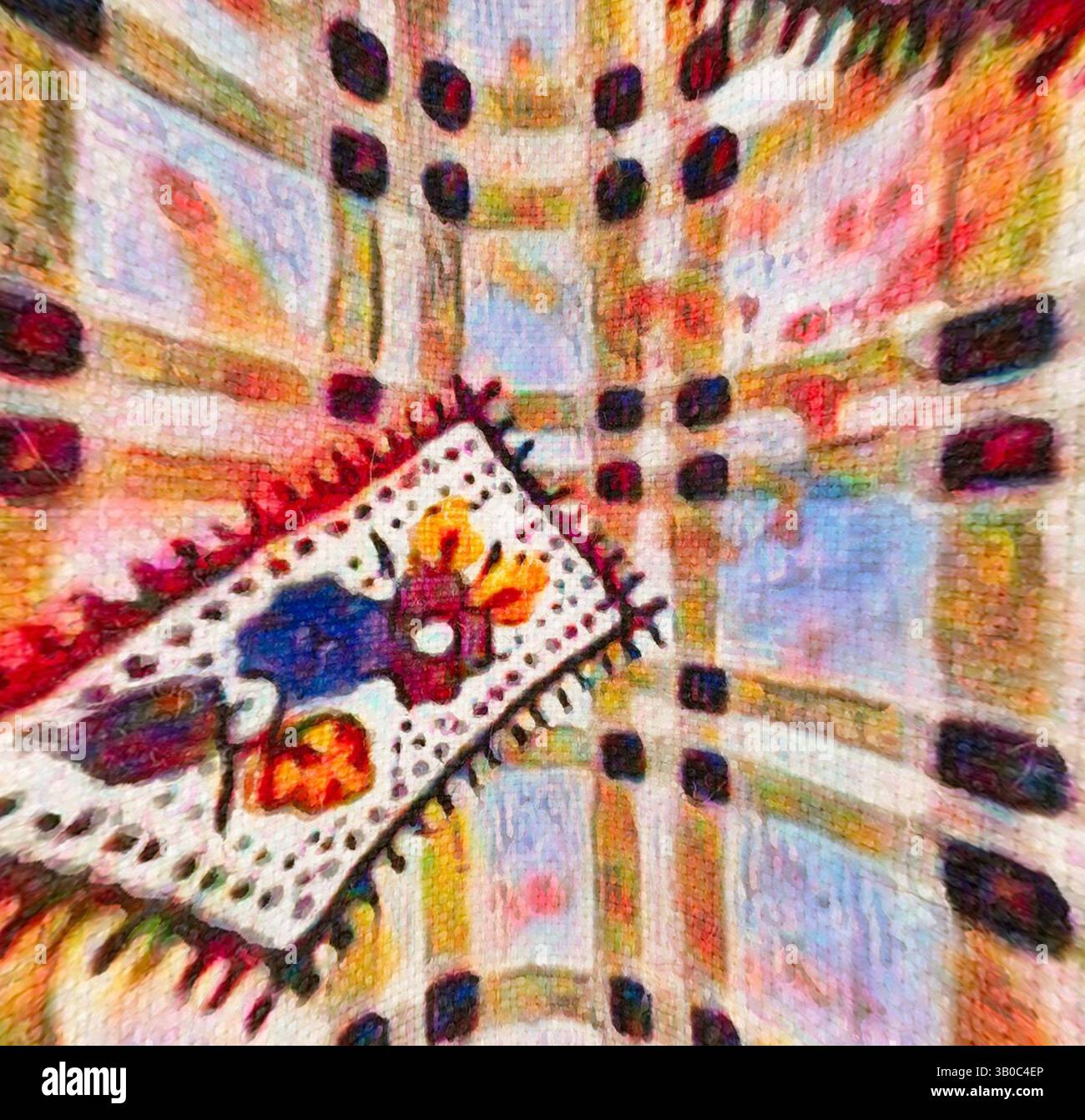 A vibrant textile featuring intricate patterns and bright colors, with ...