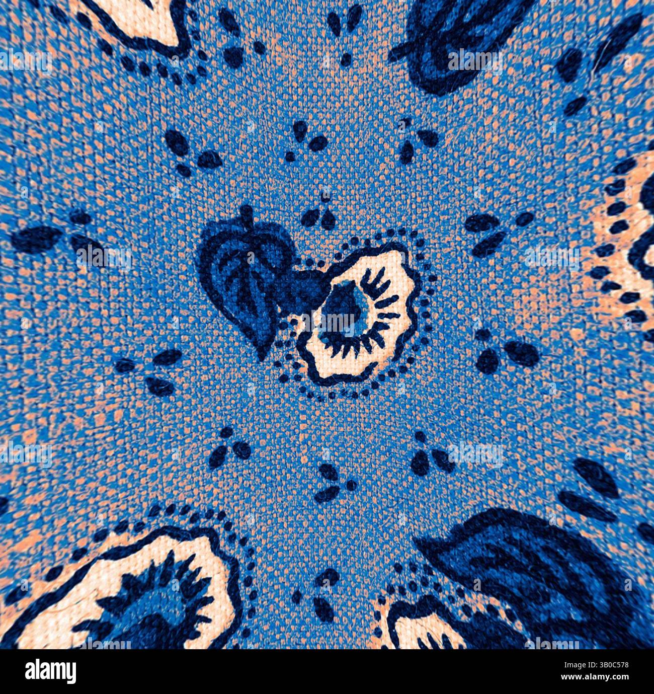 A vibrant pattern featuring intricate floral designs in shades of blue ...