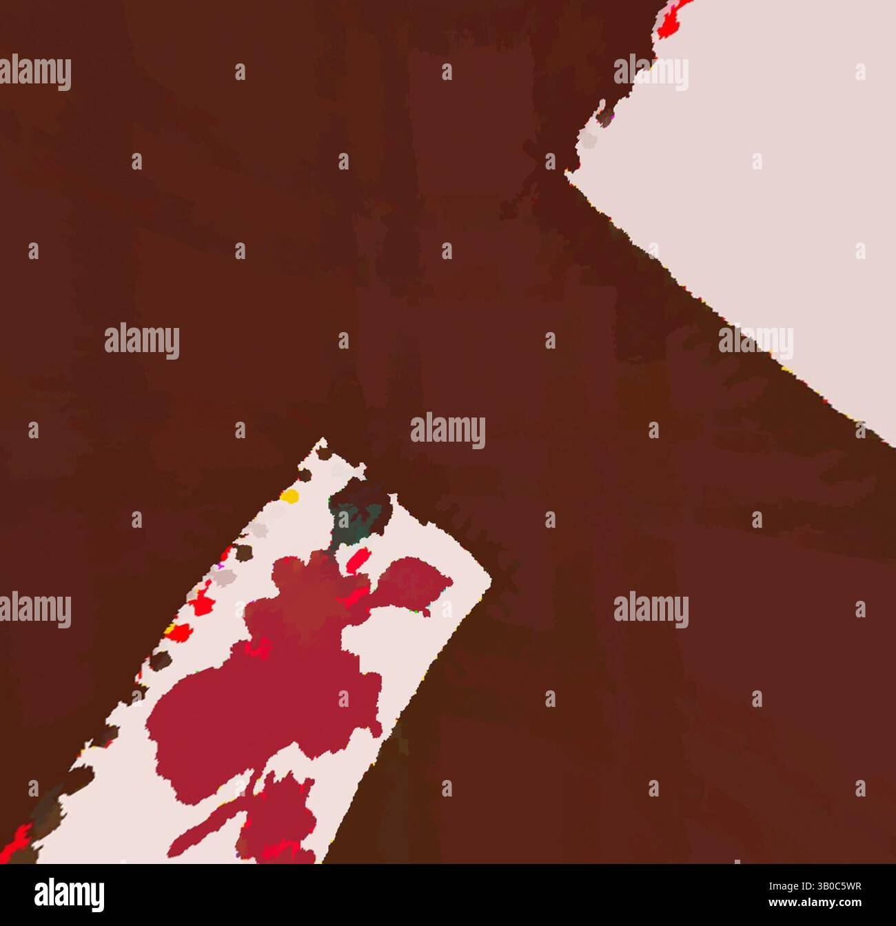 An abstract composition featuring splashes of deep red and muted tones ...