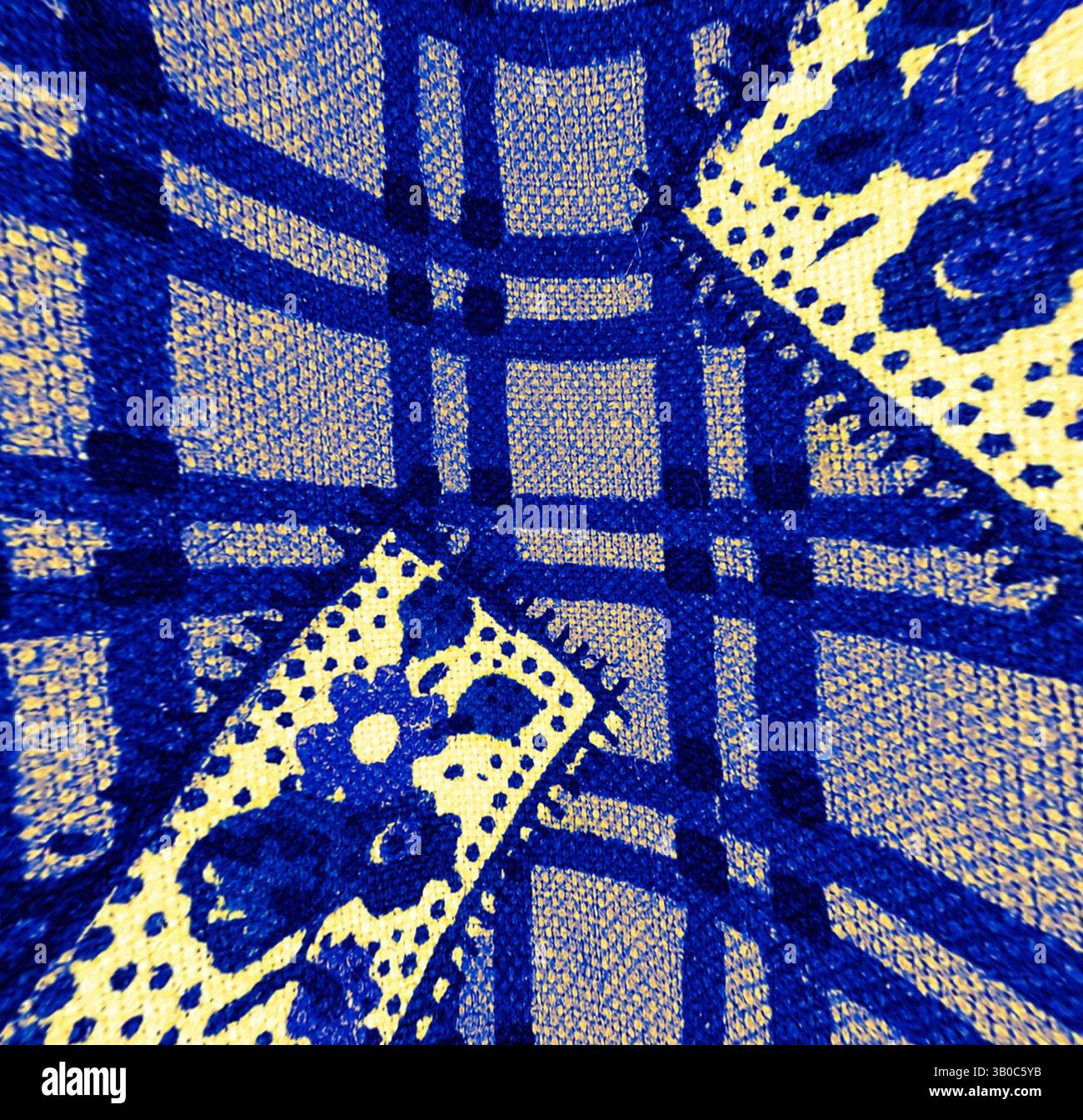 A vibrant pattern featuring intersecting blue lines and floral motifs, creating a striking ...