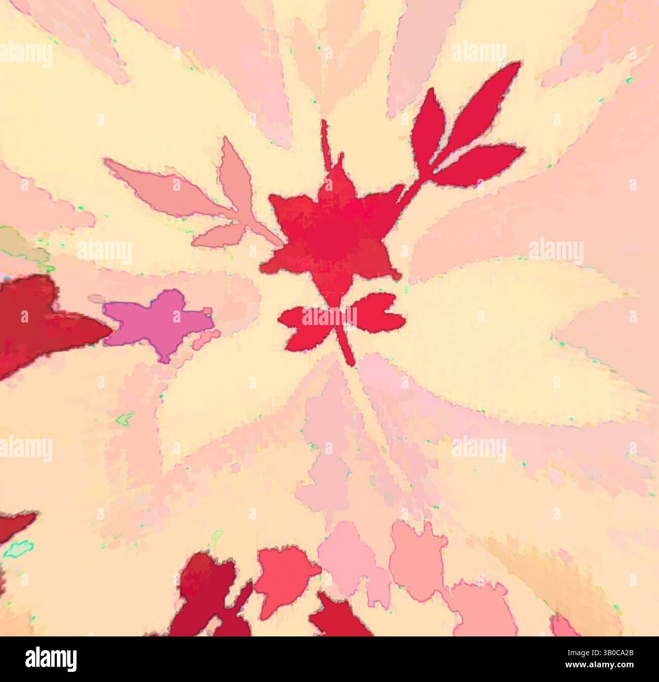 A burst of stylized leaves in vibrant reds and soft pinks, radiating ...