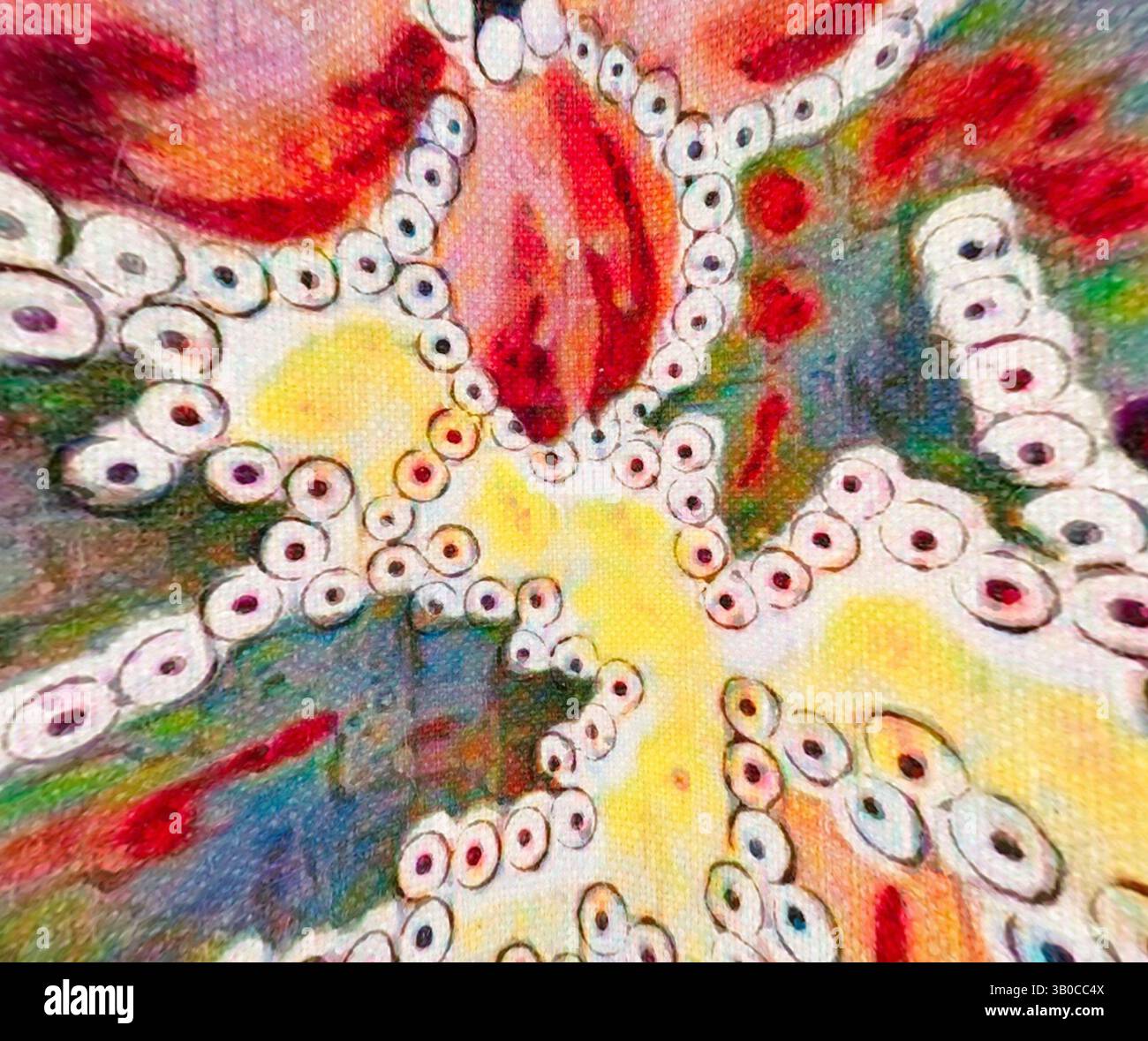 A vibrant abstract composition featuring overlapping forms and bright ...
