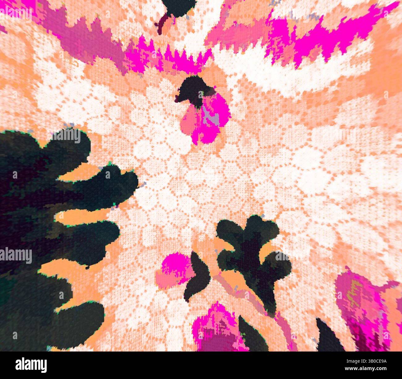 A vibrant textile pattern featuring intertwining shapes in hues of pink ...